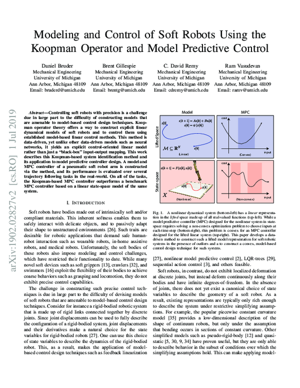 Pdf Modeling And Control Of Soft Robots Using The Koopman Operator And Model Predictive Control