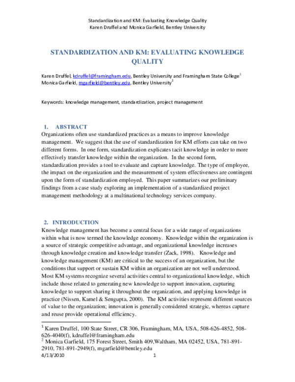 (PDF) Standardization and KM : Evaluating Knowledge Quality