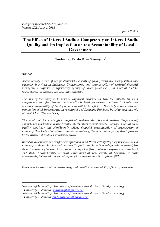 (PDF) The Effect of Internal Auditor Competency on Internal Audit Quality and Its Implication on ...