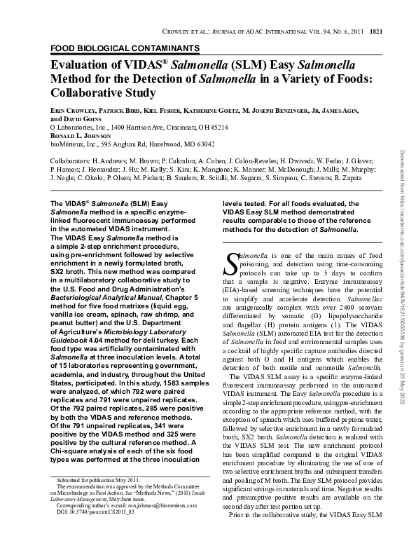 Pdf Evaluation Of Vidas®salmonella Slm Easy Salmonella Method For The Detection Of