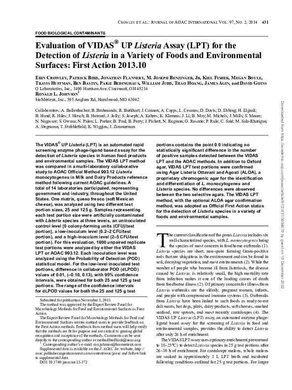 (PDF) Evaluation of VIDAS® UP Listeria Assay (LPT) for the Detection of ...