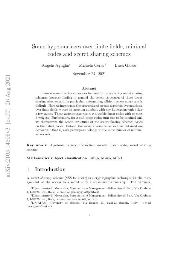(PDF) A ug 2 02 1 Some hypersurfaces over finite fields , minimal codes and secret sharing schemes