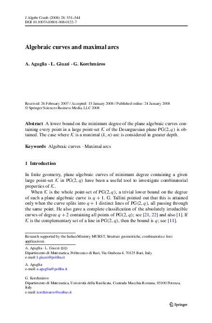 (PDF) Algebraic curves and maximal arcs