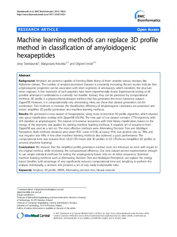 (PDF) Machine learning methods can replace 3D profile method in classification of amyloidogenic ...