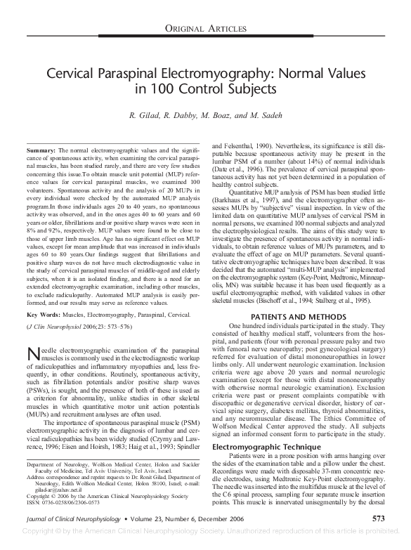 (PDF) Cervical Paraspinal Electromyography: Normal Values in 100 ...