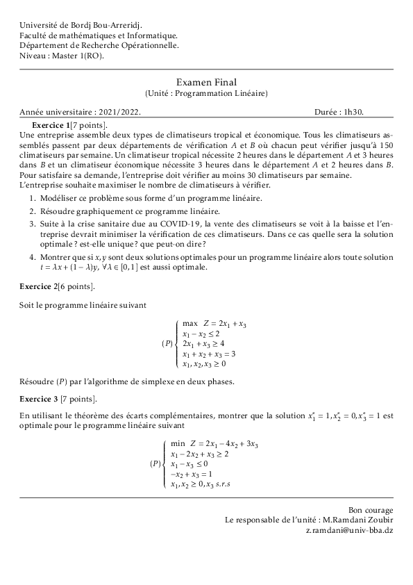 (PDF) Exercice de programmation linéaire
