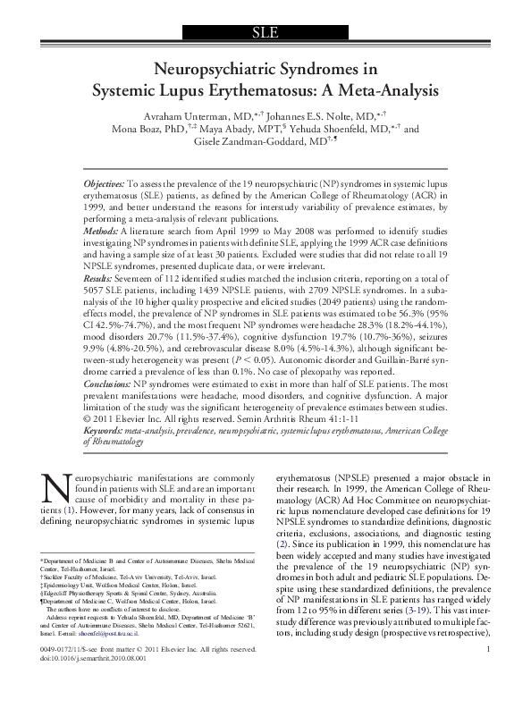 (PDF) Neuropsychiatric Syndromes in Systemic Lupus Erythematosus: A ...