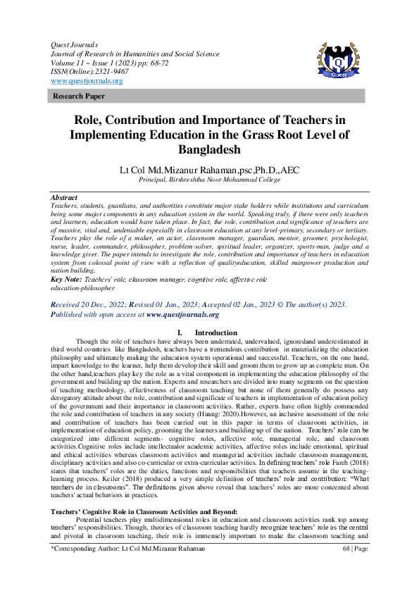 (PDF) Role, Contribution and Importance of Teachers in Implementing ...