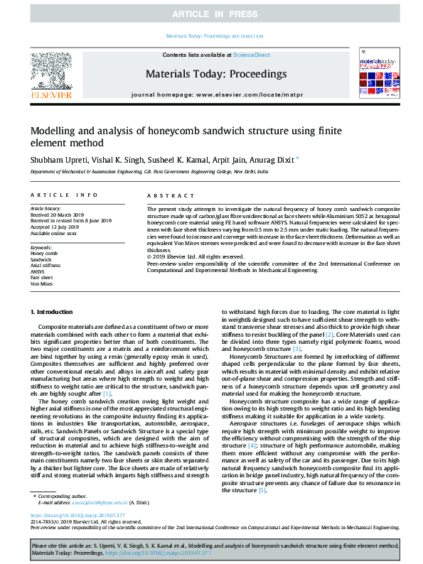 Pdf Modelling And Analysis Of Honeycomb Sandwich Structure Using Finite Element Method