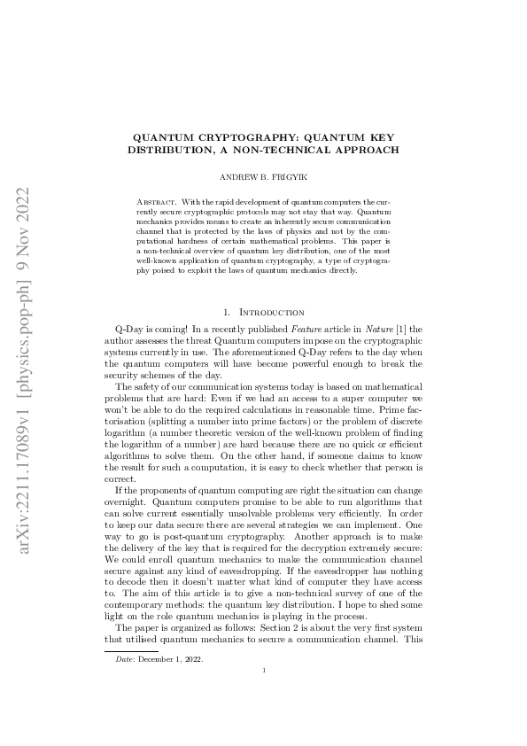 Pdf Quantum Cryptography Quantum Key Distribution A Non Technical Approach