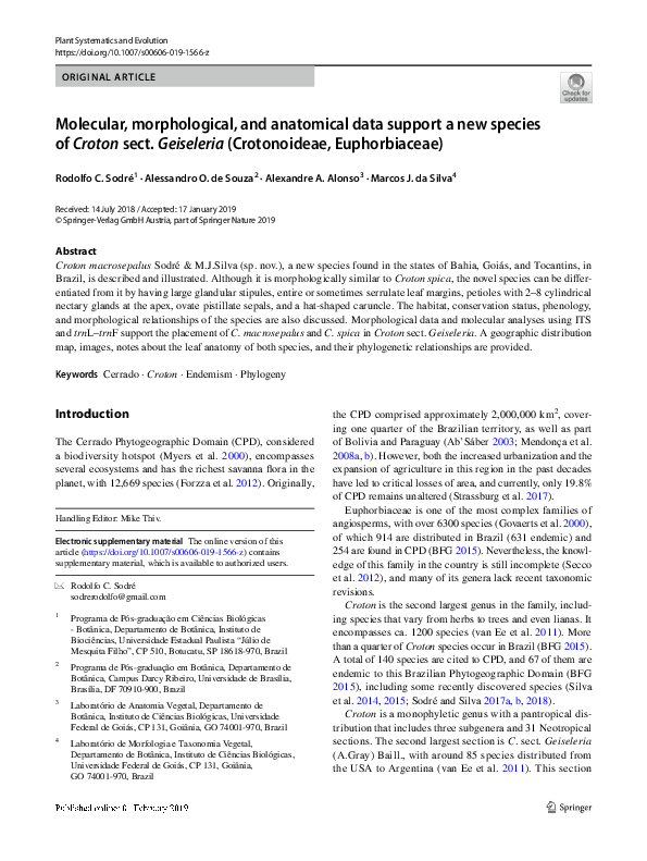 (PDF) Molecular, morphological, and anatomical data support a new species of Croton sect ...