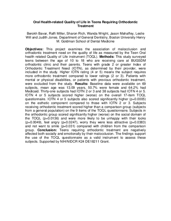 (PDF) Oral Health-related Quality of Life in Teens Requiring ...