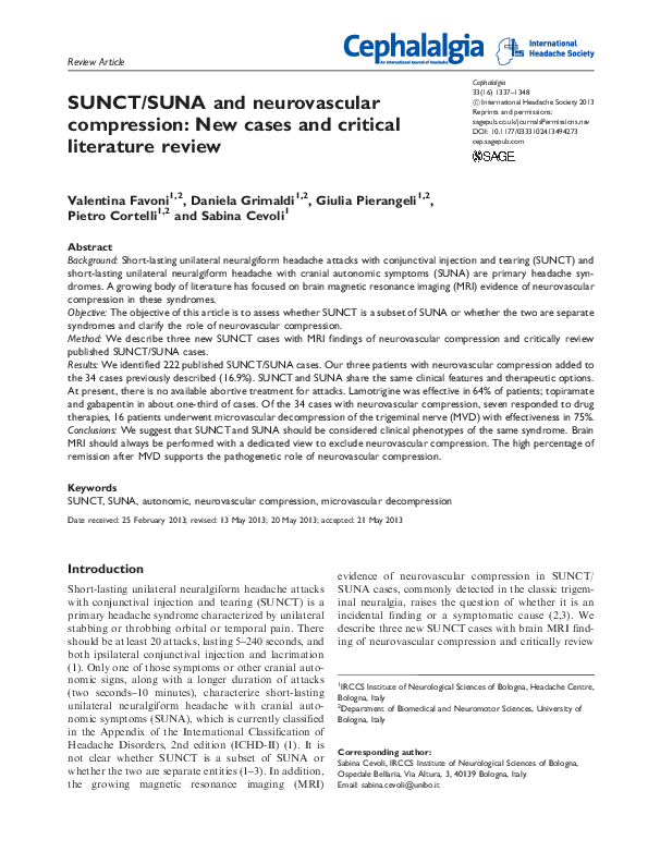 (PDF) SUNCT/SUNA and neurovascular compression: New cases and critical ...