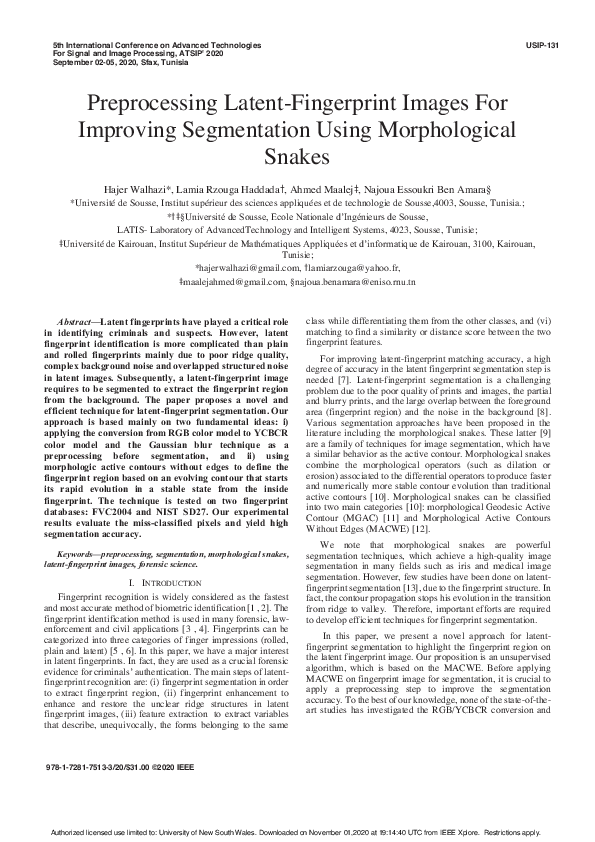 (PDF) Preprocessing Latent-Fingerprint Images For Improving Segmentation Using Morphological Snakes