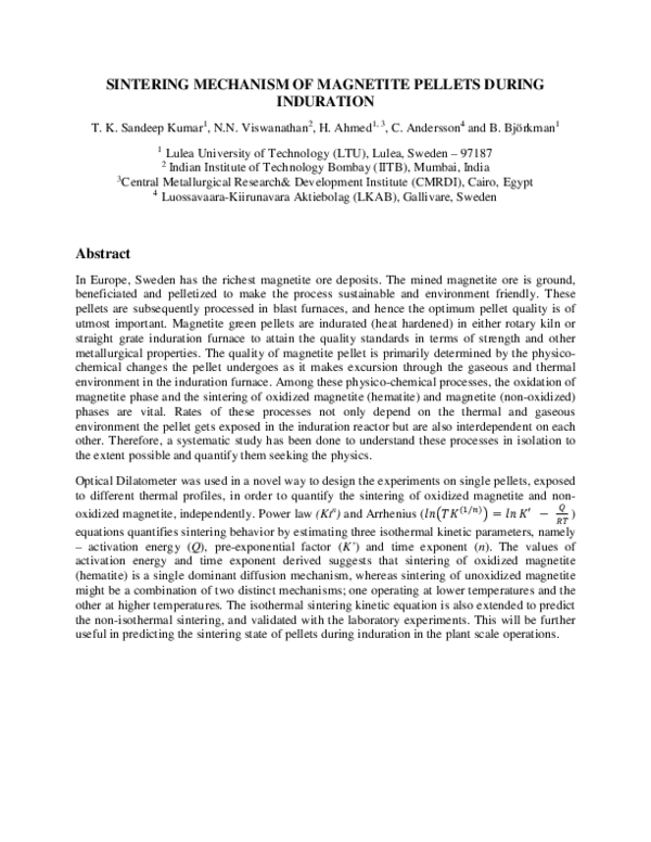 (PDF) Sintering Mechanism of Magnetite Pellets during Induration