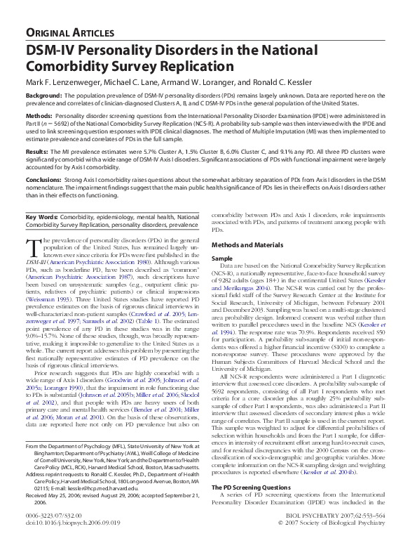 (PDF) DSM-IV Personality Disorders in the National Comorbidity Survey ...