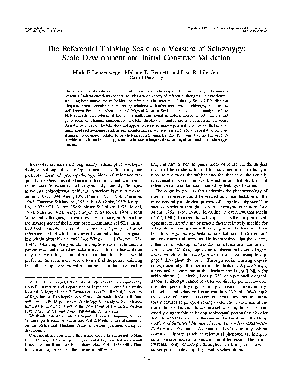 (PDF) The Referential Thinking Scale as a measure of schizotypy: Scale development and initial ...