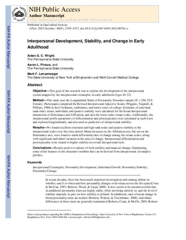 (PDF) Interpersonal Development, Stability, and Change in Early Adulthood