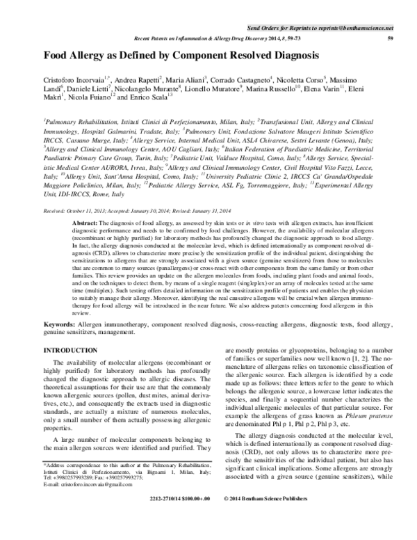 (PDF) Food Allergy as Defined by Component Resolved Diagnosis | Massimo ...