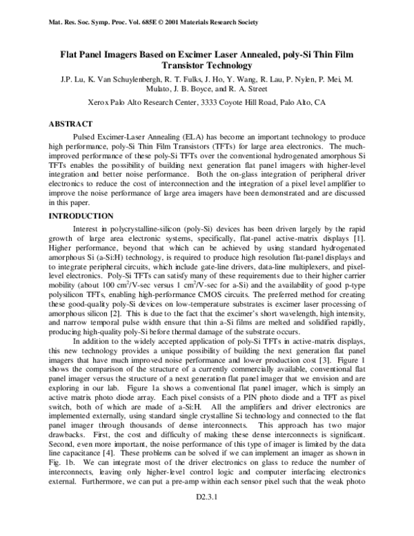 (PDF) Flat Panel Imagers Based on Excimer Laser Annealed, poly-Si Thin Film Transistor Technology