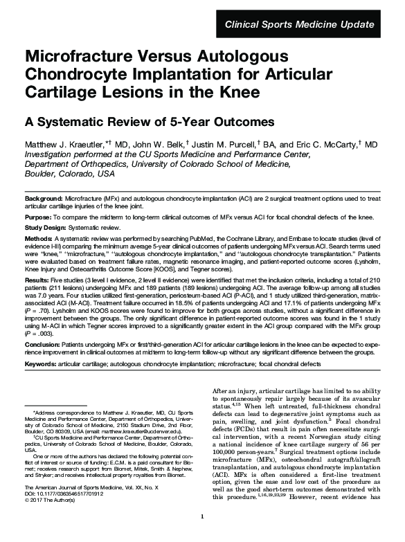 (PDF) Microfracture Versus Autologous Chondrocyte Implantation for ...