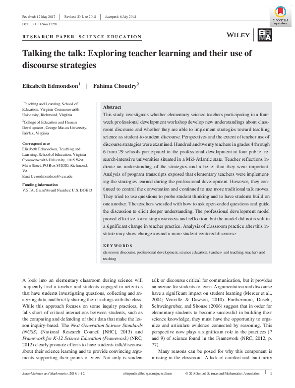 (PDF) Talking the talk: Exploring teacher learning and their use of discourse strategies