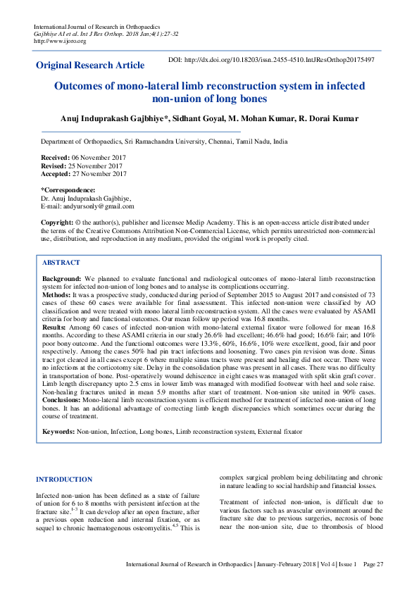 (PDF) Outcomes of mono-lateral limb reconstruction system in infected ...