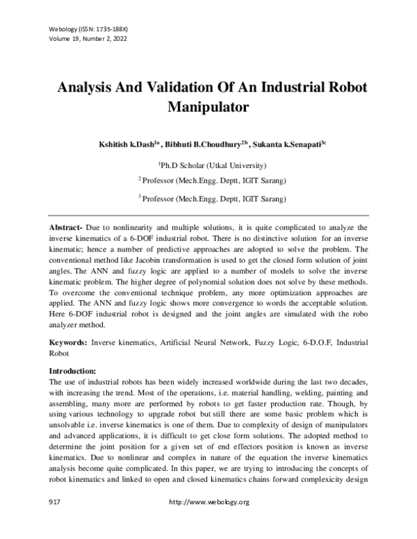 (PDF) Analysis And Validation Of An Industrial Robot Manipulator