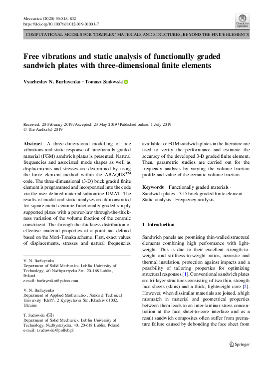 Pdf Free Vibrations And Static Analysis Of Functionally Graded Sandwich Plates With Three