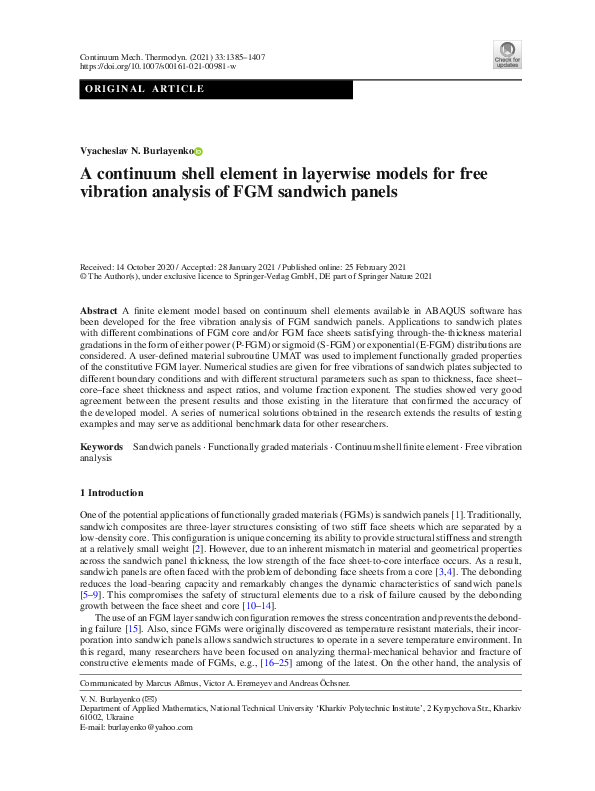 (PDF) A continuum shell element in layerwise models for free vibration analysis of FGM sandwich ...