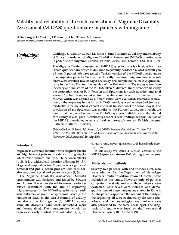 (PDF) Validity and Reliability of Turkish Translation of Migraine ...