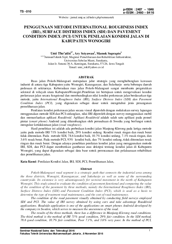(PDF) Penggunaan Metode International Roughness Index (Iri), Surface ...
