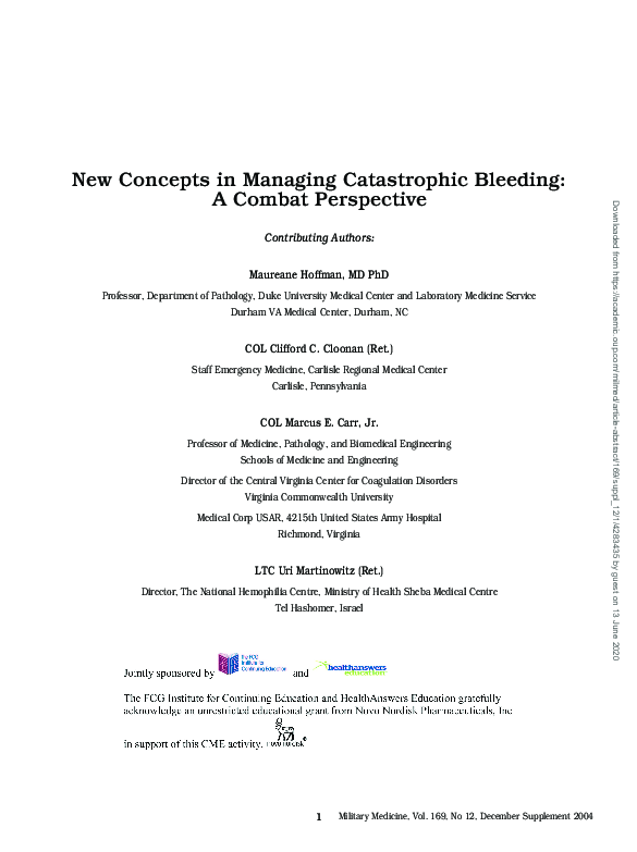 (PDF) New Concepts in Managing Catastrophic Bleeding: A Combat Perspective