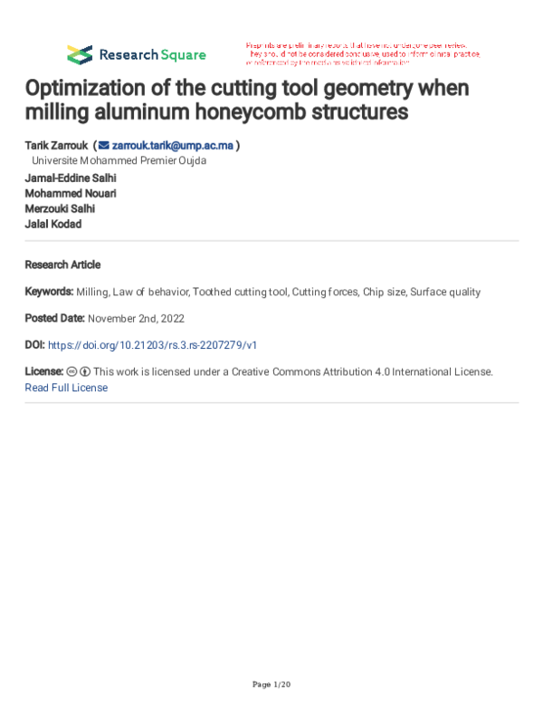 Pdf Optimization Of The Cutting Tool Geometry When Milling Aluminum