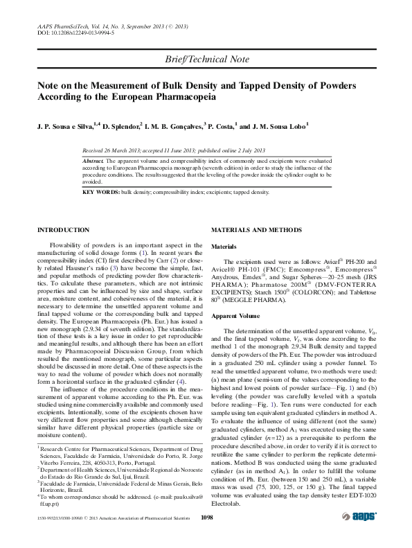 (PDF) Note on the Measurement of Bulk Density and Tapped Density of ...