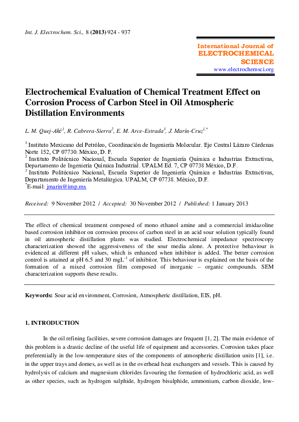 (PDF) Electrochemical Evaluation of Chemical Treatment Effect on Corrosion Process of Carbon ...
