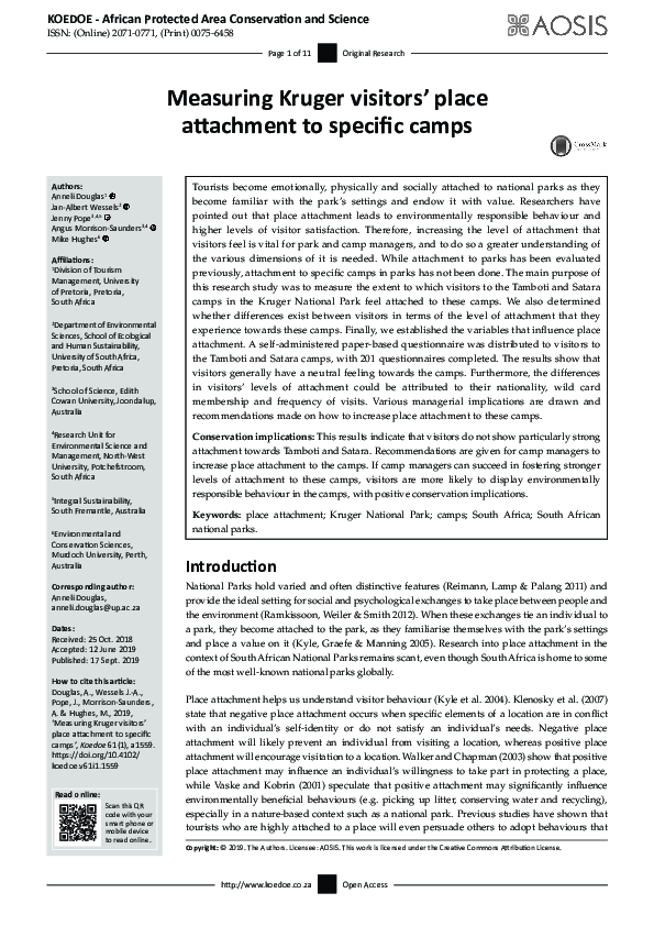 (PDF) Measuring Kruger visitors’ place attachment to specific camps
