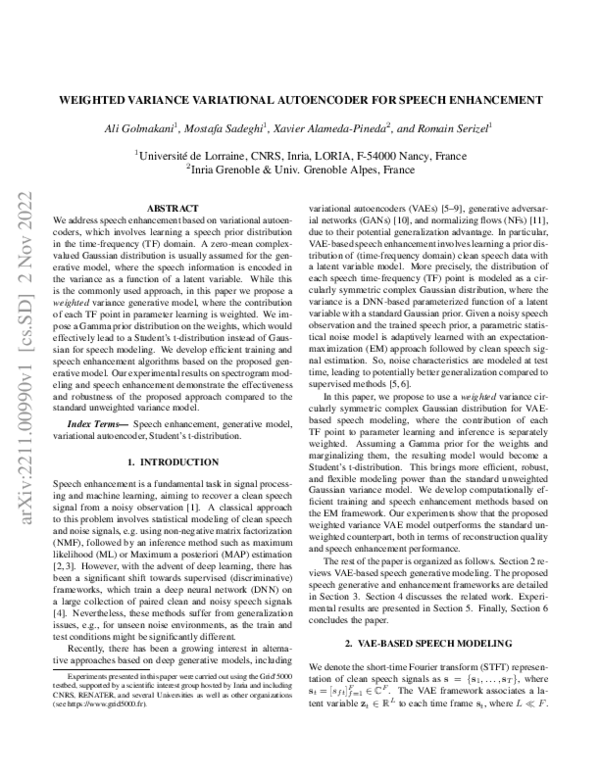 Pdf Weighted Variance Variational Autoencoder For Speech Enhancement Ali Golmakani