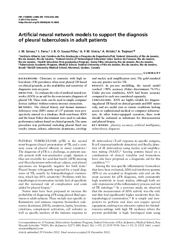 (PDF) Artificial neural network models to support the diagnosis of pleural tuberculosis in adult ...