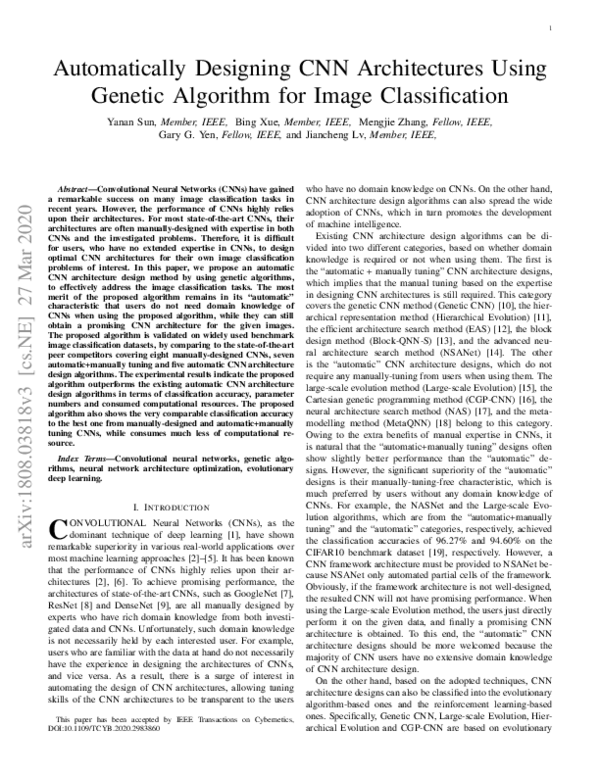 Pdf Automatically Designing Cnn Architectures Using The Genetic Algorithm For Image Classification