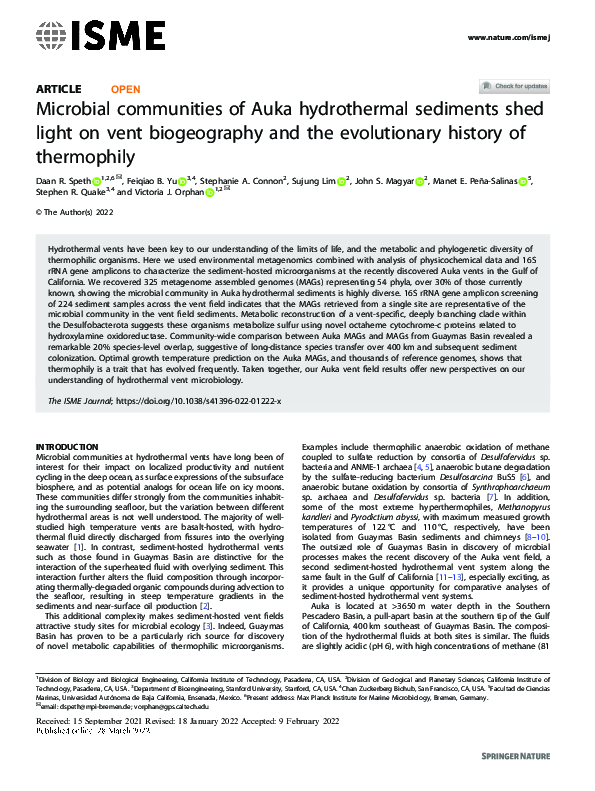 (PDF) Microbial communities of Auka hydrothermal sediments shed light ...