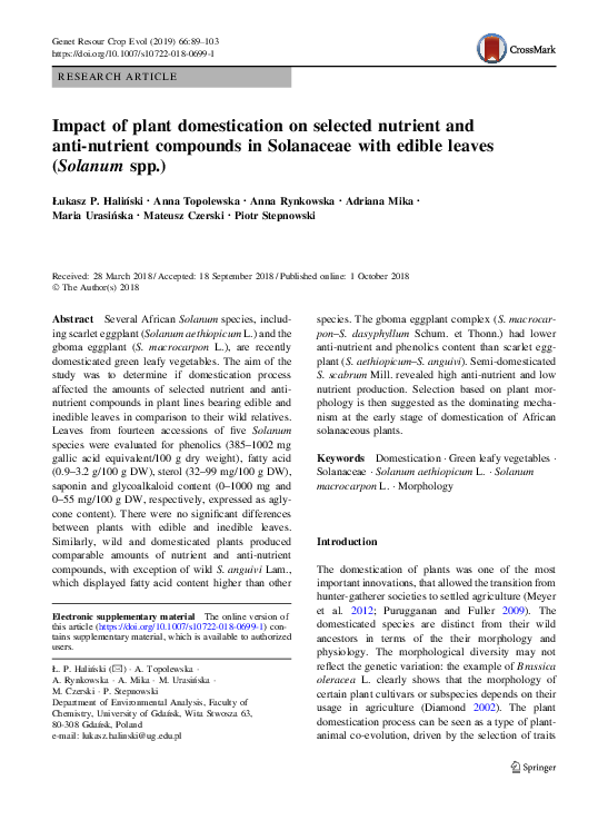 (PDF) Impact of plant domestication on selected nutrient and anti-nutrient compounds in ...