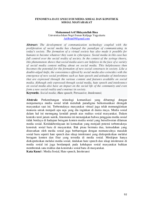 (PDF) Fenomena Hate Speech Di Media Sosial dan Konstruk Sosial Masyarakat