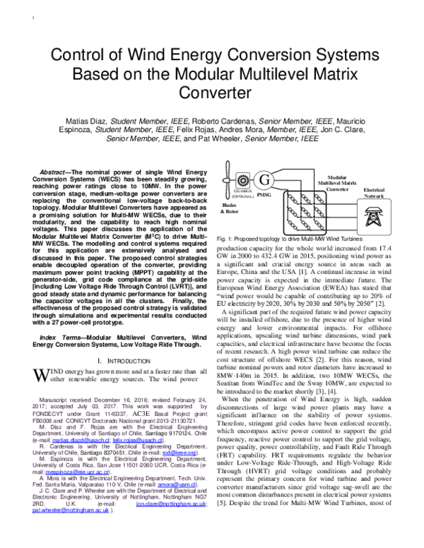Pdf Control Of Wind Energy Conversion Systems Based On The Modular Multilevel Matrix Converter 