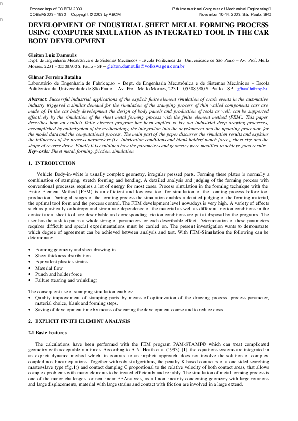 Pdf Development Of Industrial Sheet Metal Forming Process Using