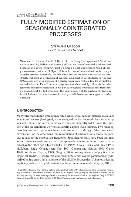 (PDF) Fully Modified Estimation of Seasonally Cointegrated Processes
