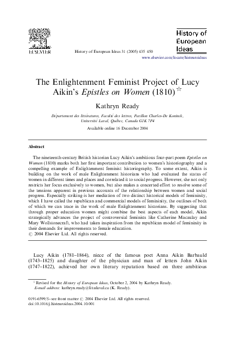 (PDF) The Enlightenment Feminist Project of Lucy Aikin's Epistles on Women (1810)