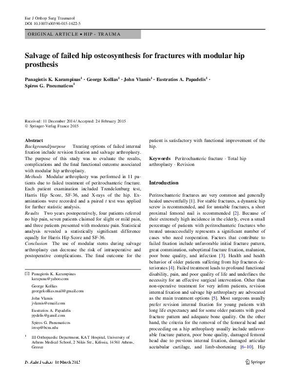 (PDF) Salvage of failed hip osteosynthesis for fractures with modular ...