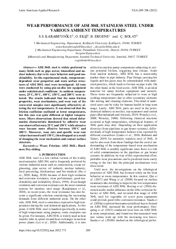 (PDF) Wear Performance of Aisi 304L Stainless Steel Under Various ...