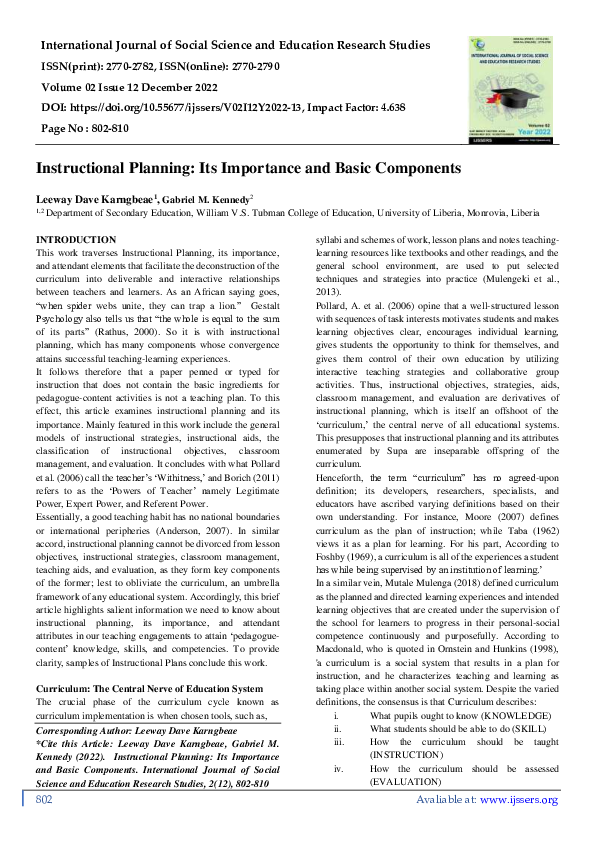 (PDF) Instructional Planning: Its Importance and Basic Components
